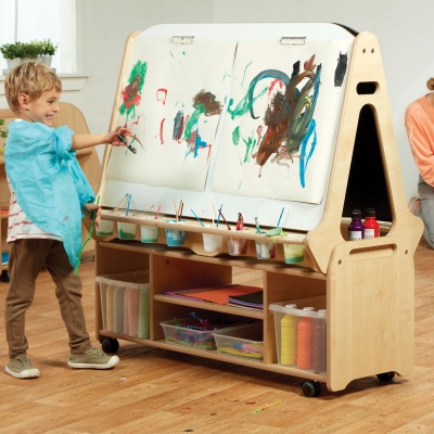 Double-sided 2 Station Whiteboard Easel with Tall Storage Trolley