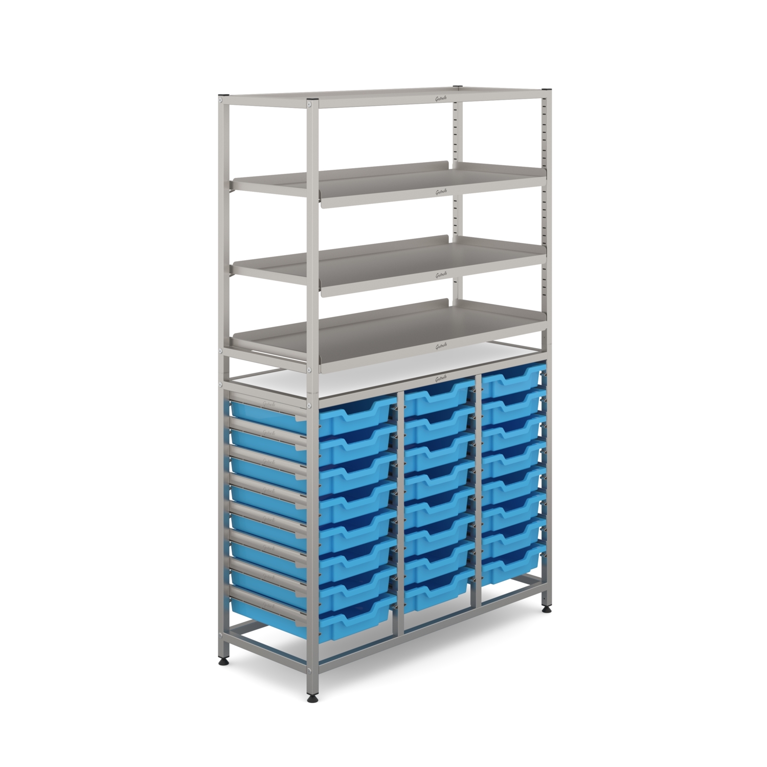 Dynamis Tall Treble Silver Frame - 3 Shelves & 24 Shallow Trays ...
