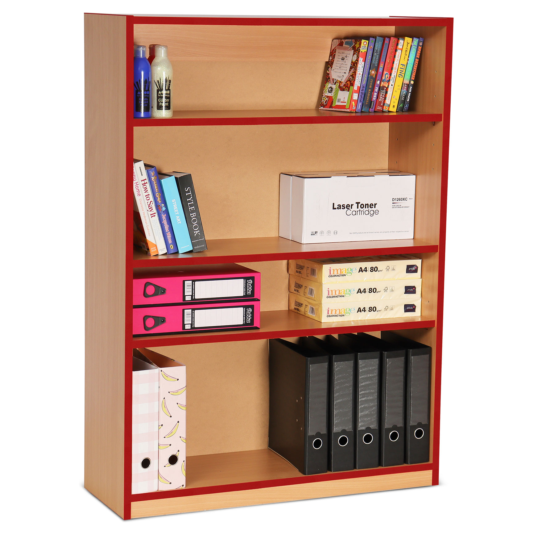 Open Bookcase with 3 Shelves & Red Edging (1250H) | theClassroom.co