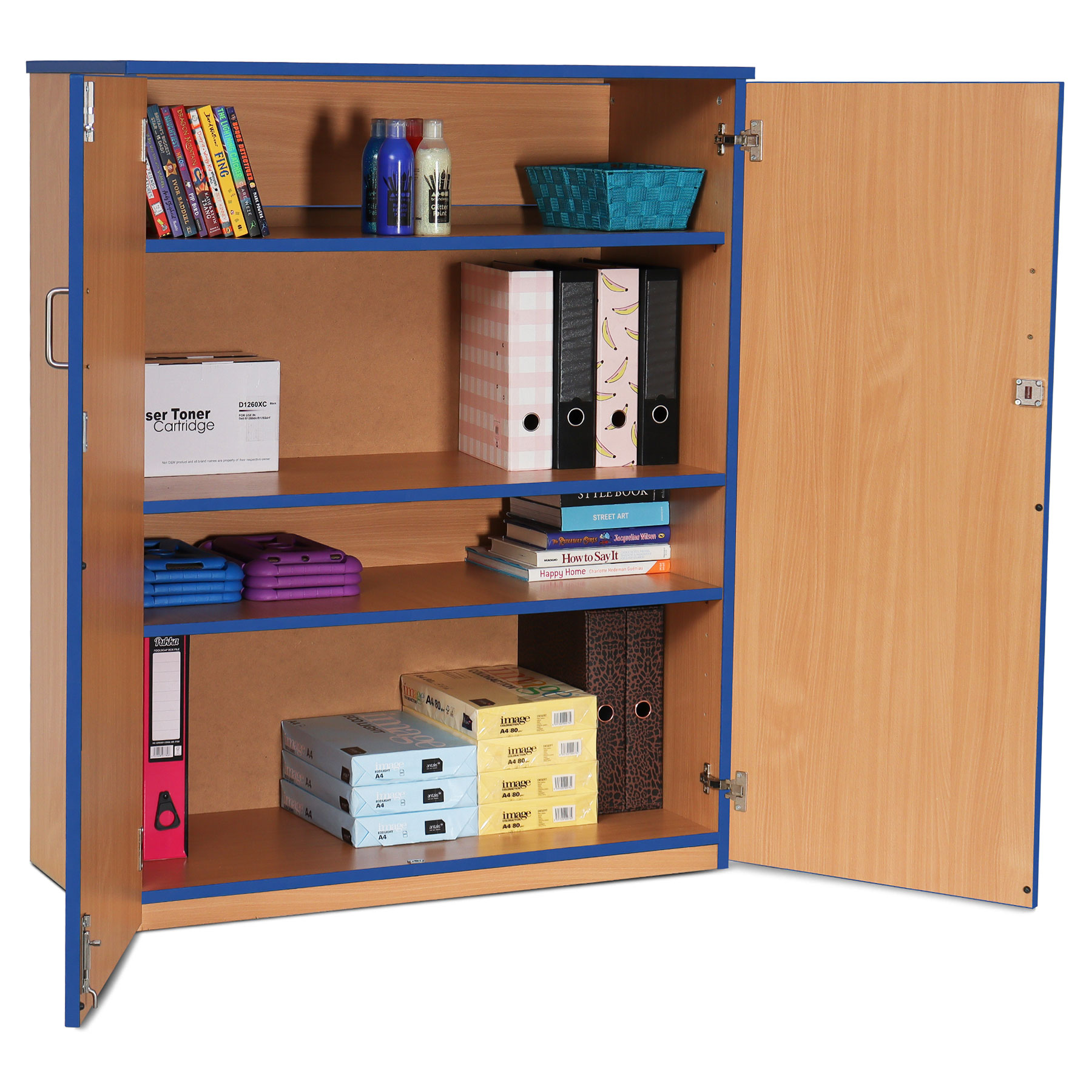 Lockable Cupboard with 3 Shelves & Blue Edging (1250H) | theClassroom.co