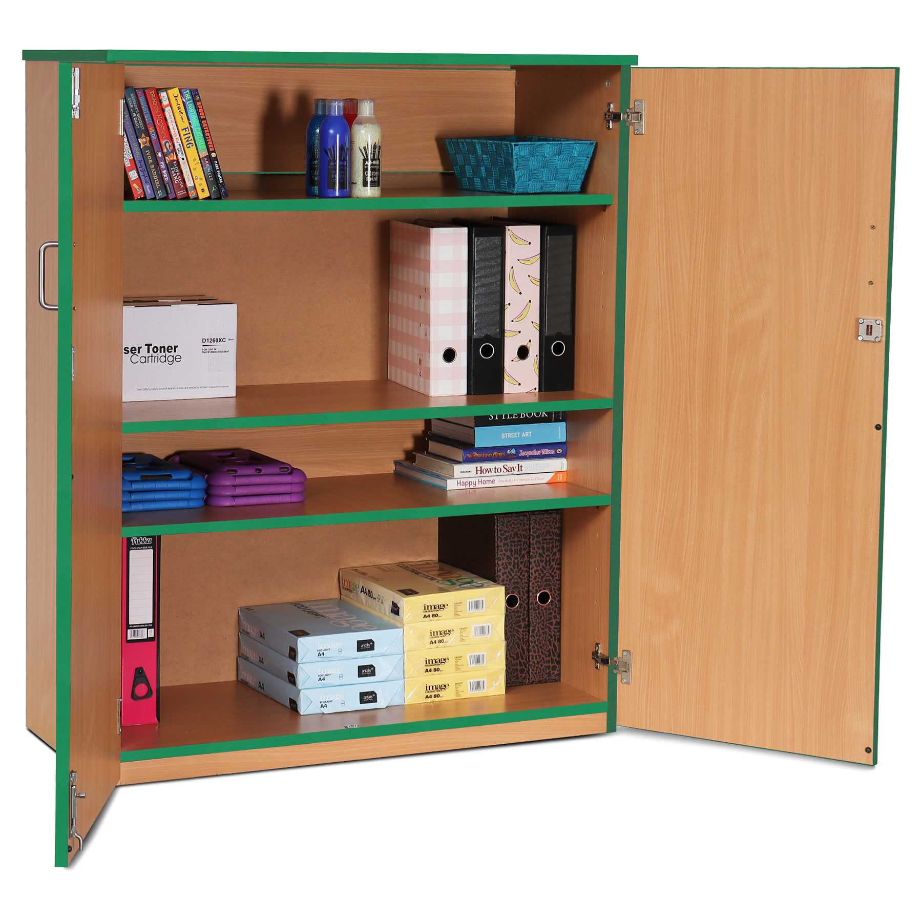 Lockable Cupboard with 3 Shelves & Green Edging (1250H) | theClassroom.co