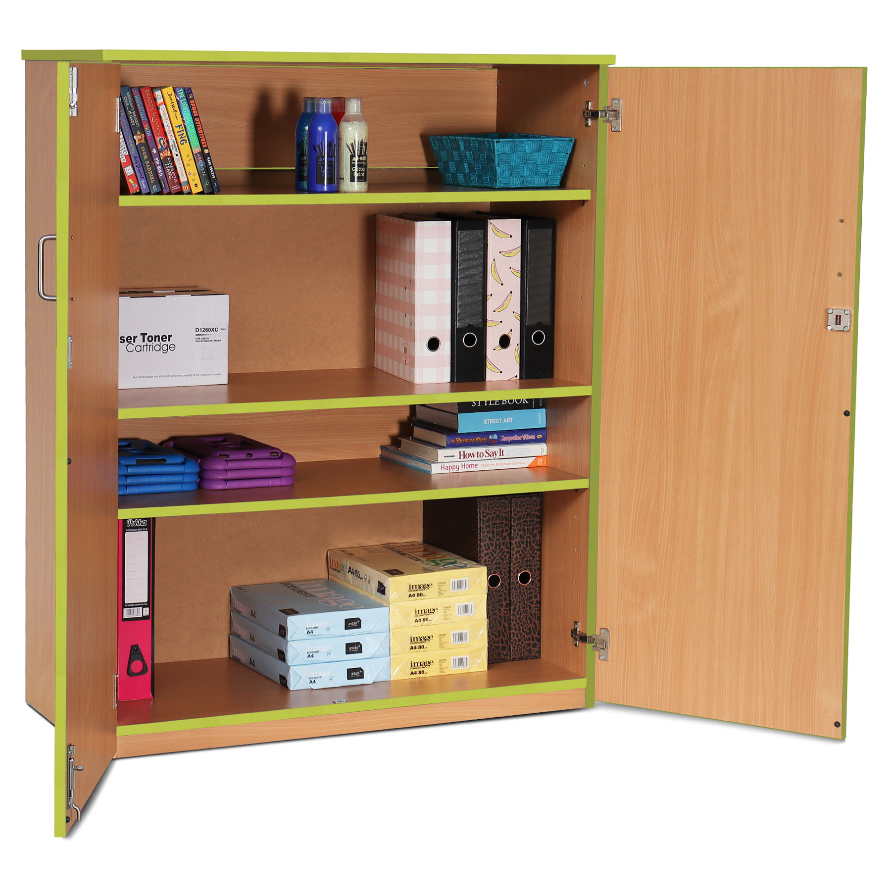 Lockable Cupboard with 3 Shelves & Lime Edging (1250H) | theClassroom.co
