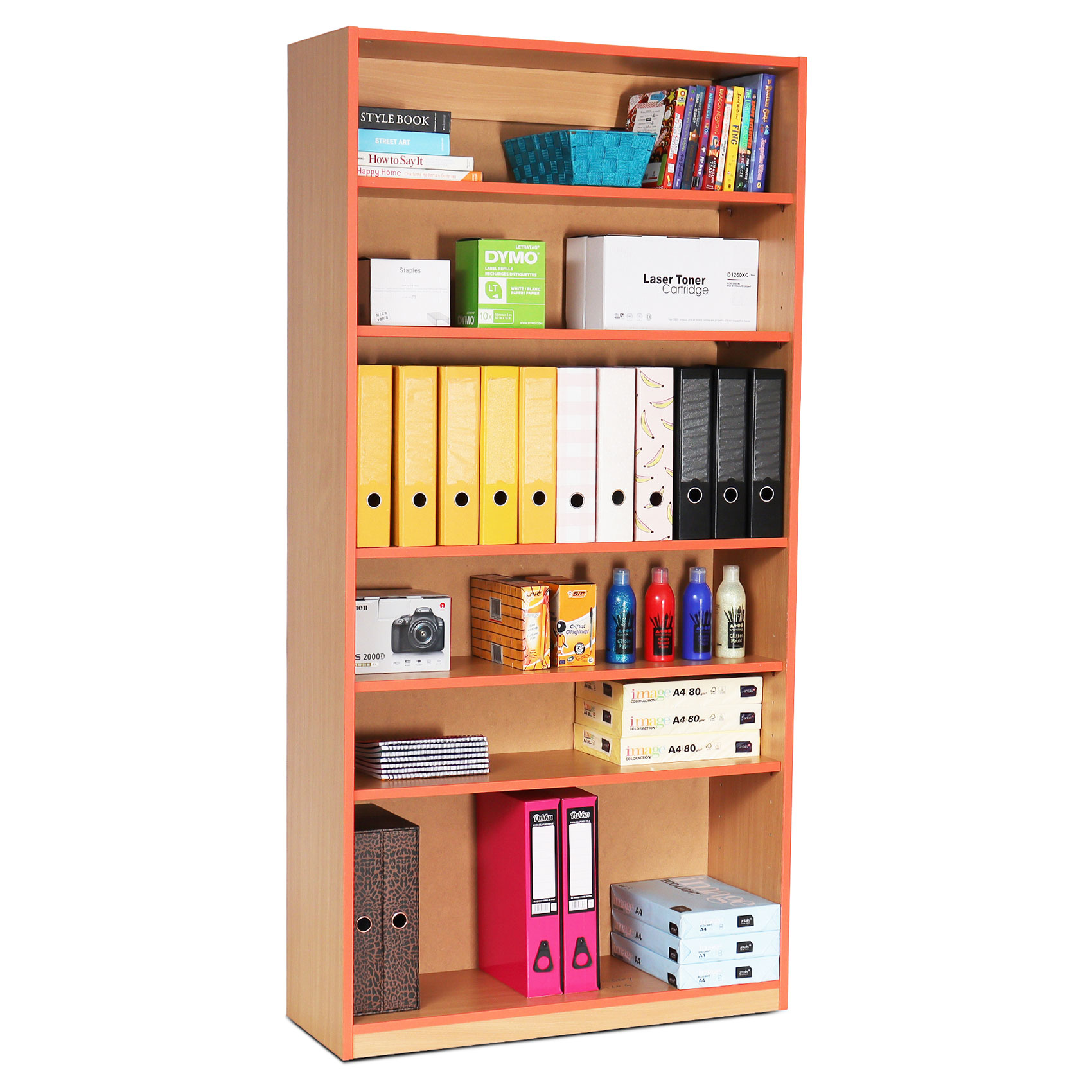 Open Bookcase with 5 Shelves & Tangerine Edging (1800H)