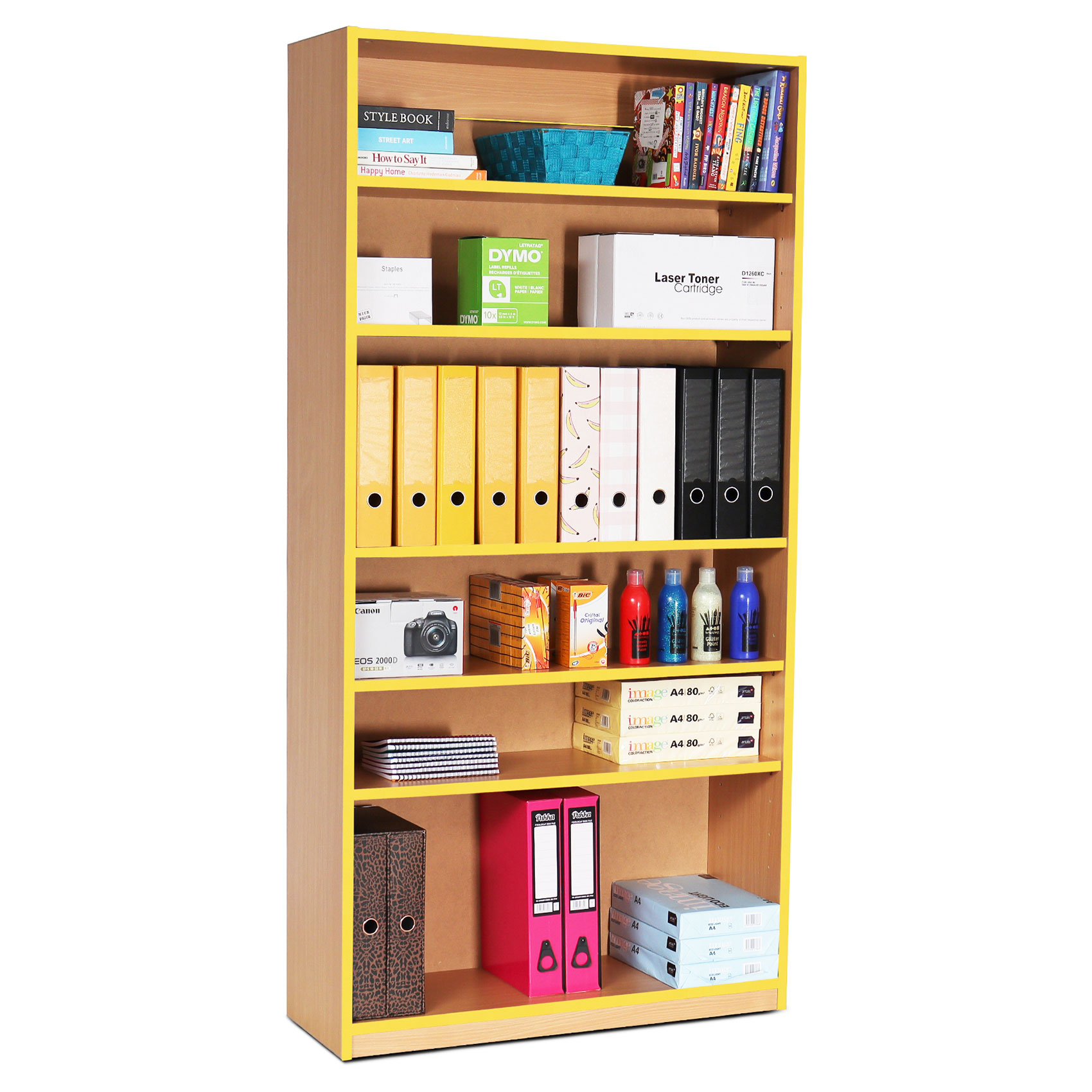 Open Bookcase with 5 Shelves & Yellow Edging (1800H)