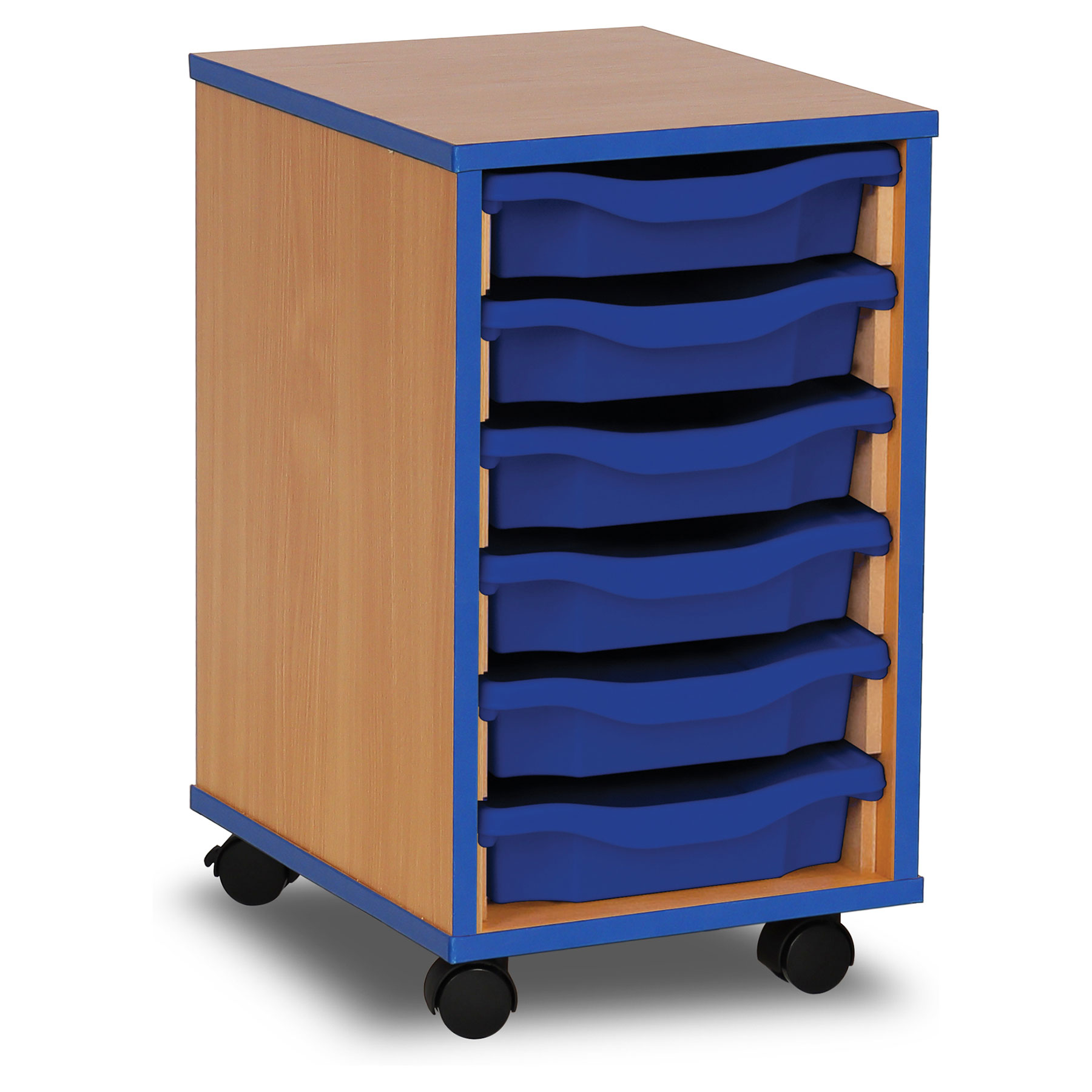 6 Single Tray Unit with Blue Edging, Castors & Blue Trays | theClassroom.co