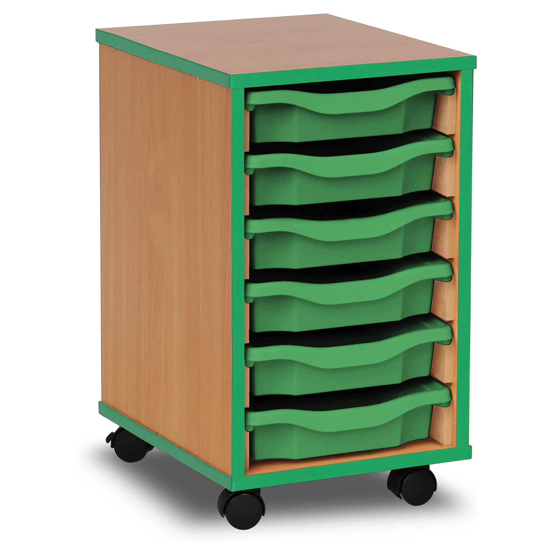 6 Single Tray Unit with Green Edging, Castors & Green Trays ...