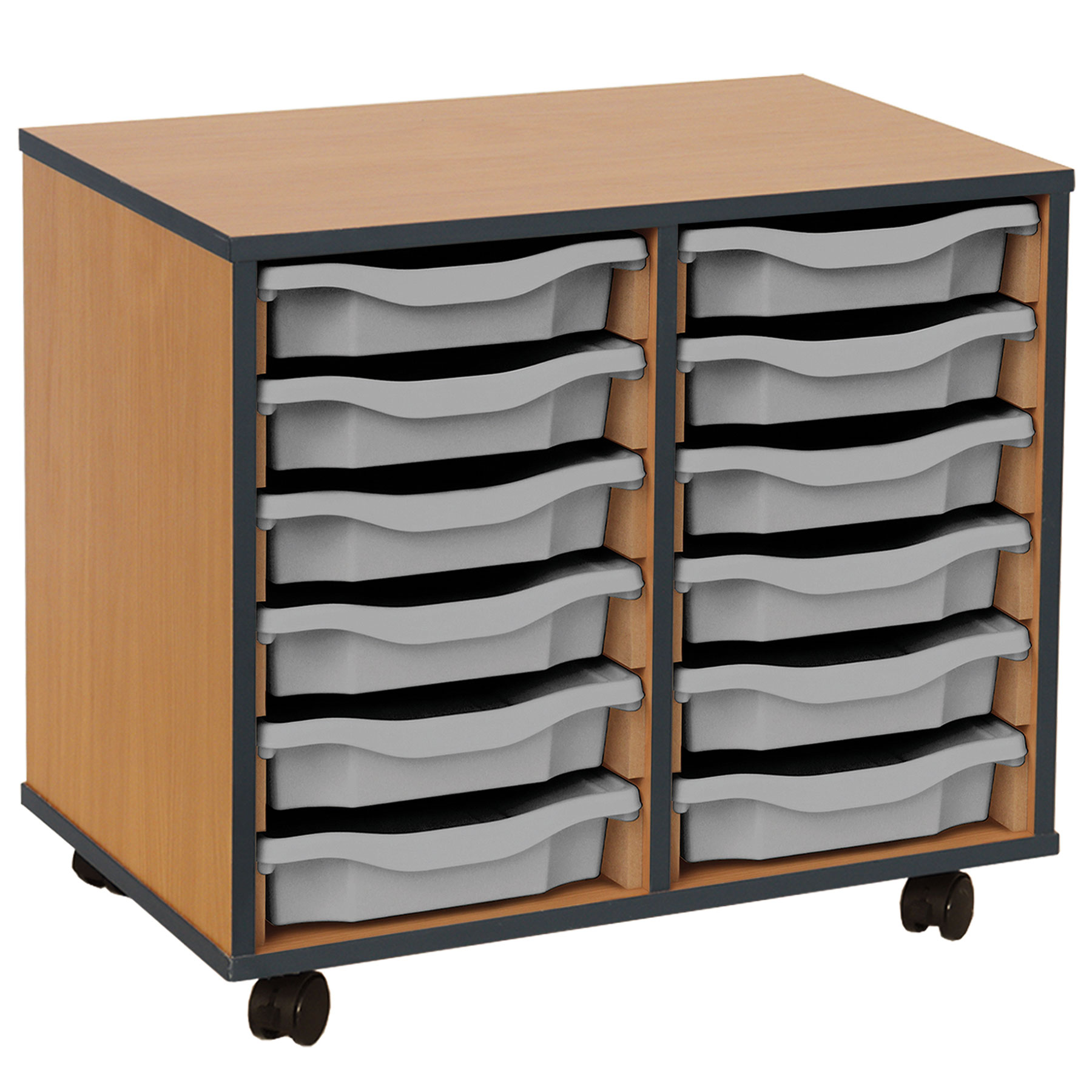 12 Single Tray Unit with Dark Grey Edging, Castors & Dark Grey Trays ...