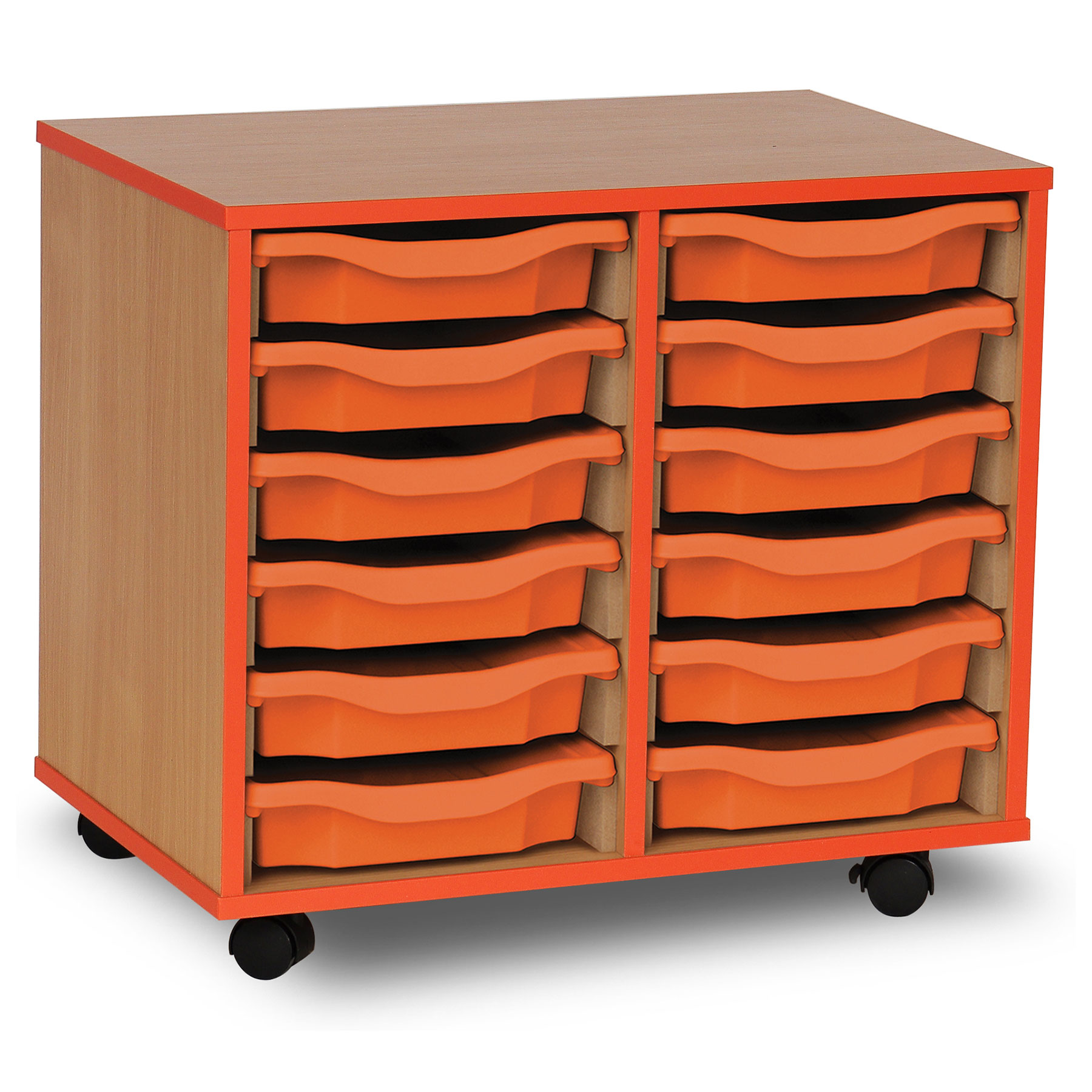 12 Single Tray Unit with Tangerine Edging, Castors & Tangerine Trays ...