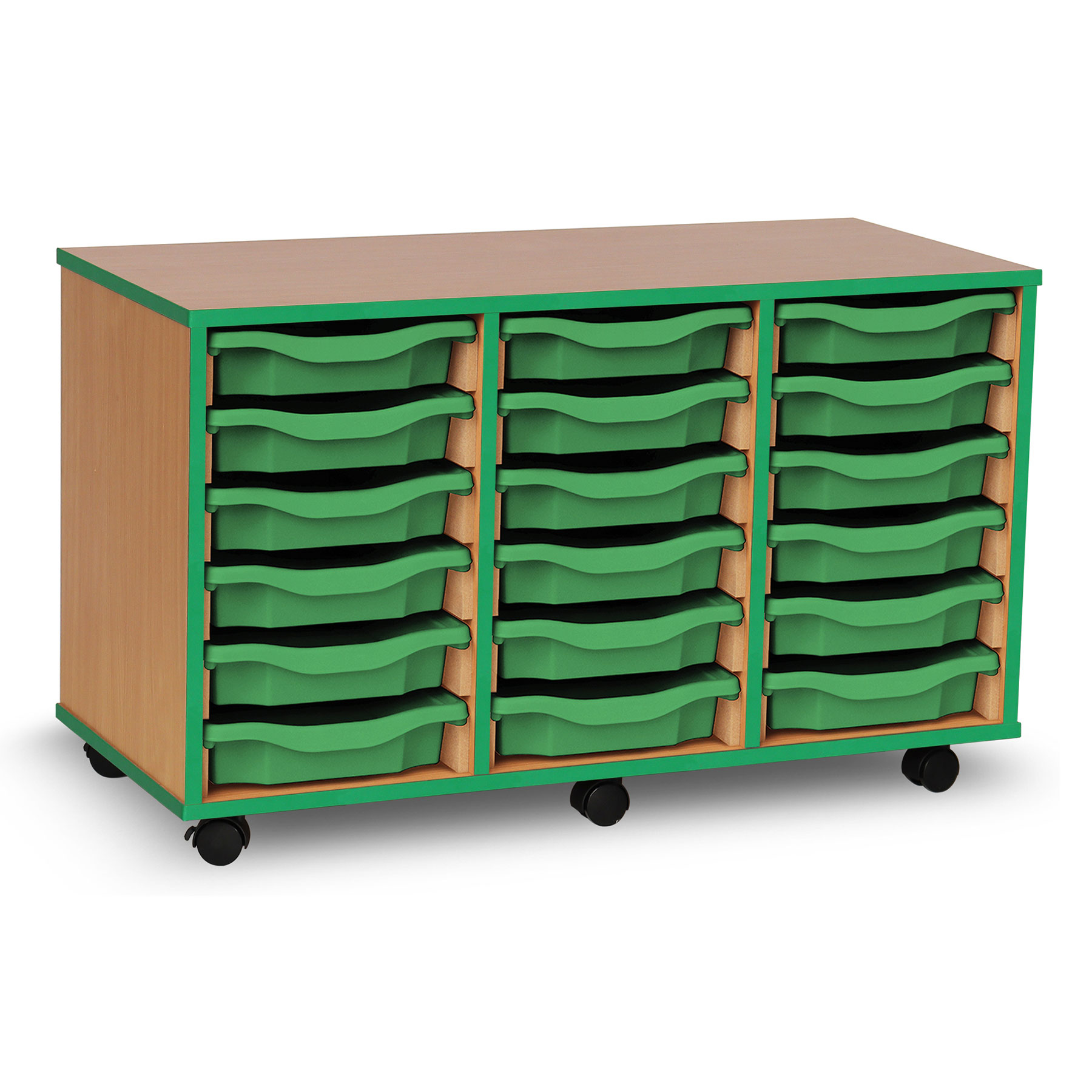 18 Single Tray Unit with Green Edging, Castors & Green Trays ...