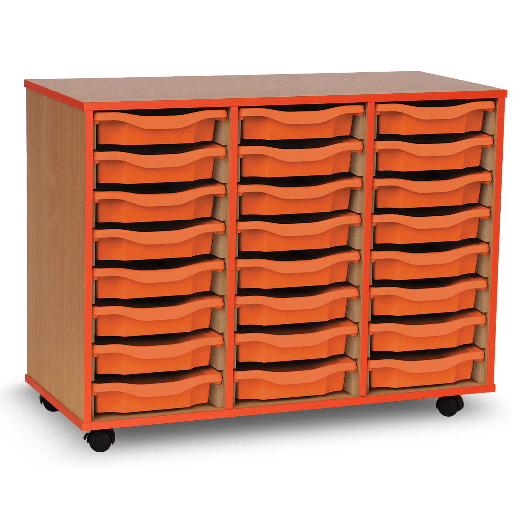 24 Single Tray Unit with Tangerine Edging, Castors & Tangerine Trays