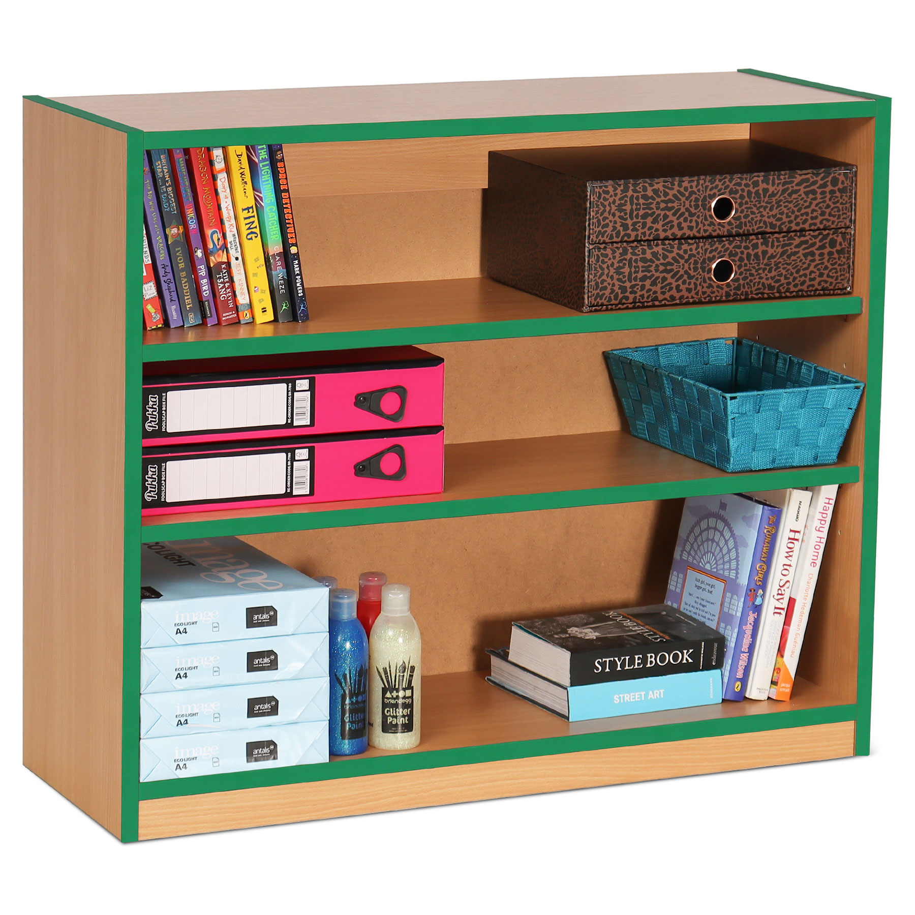 Open Bookcase with 2 Shelves & Green Edging (750H) | theClassroom.co