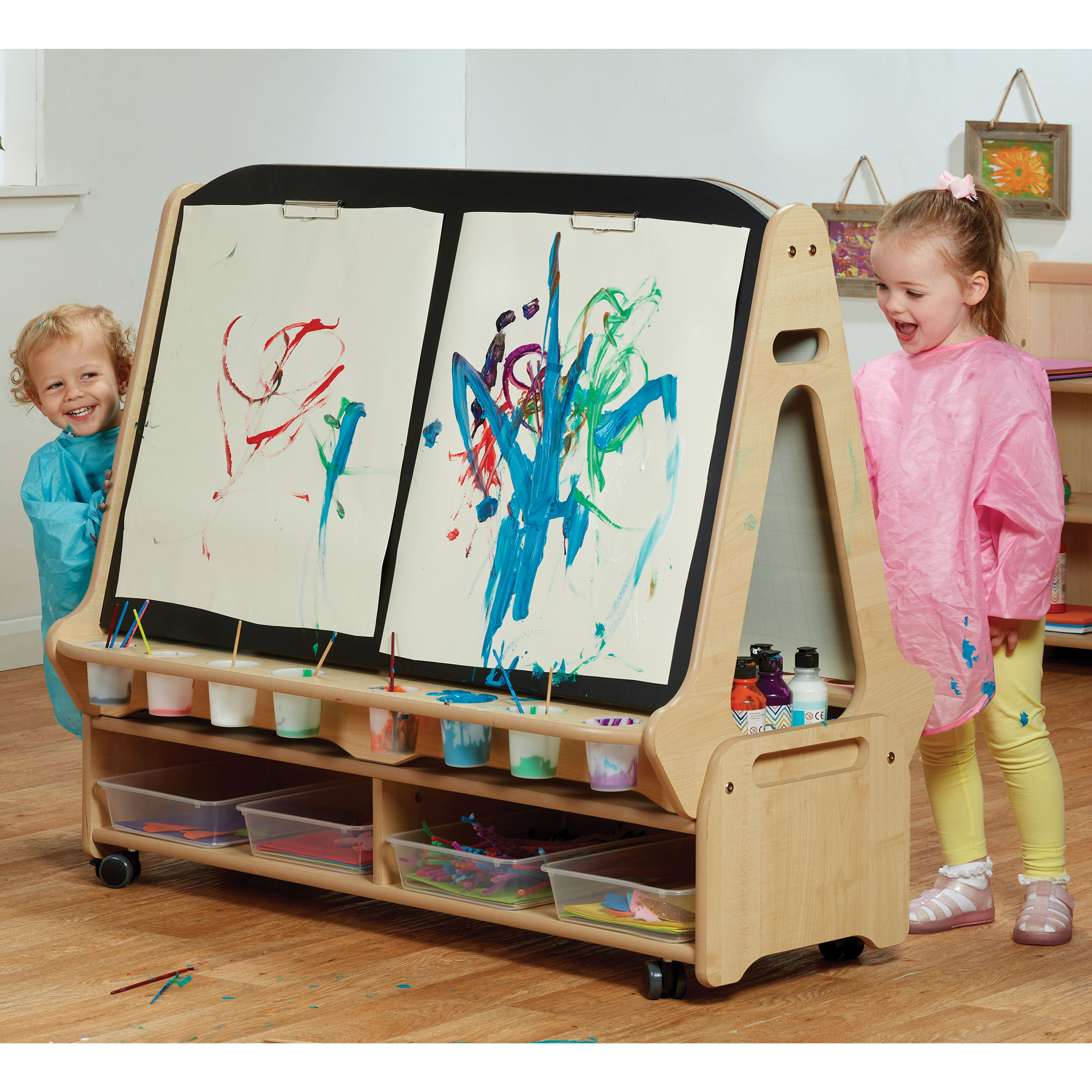 Double Sided 4 Station Chalk/Whiteboard Easel with Low Storage Trolley | theClassroom.co