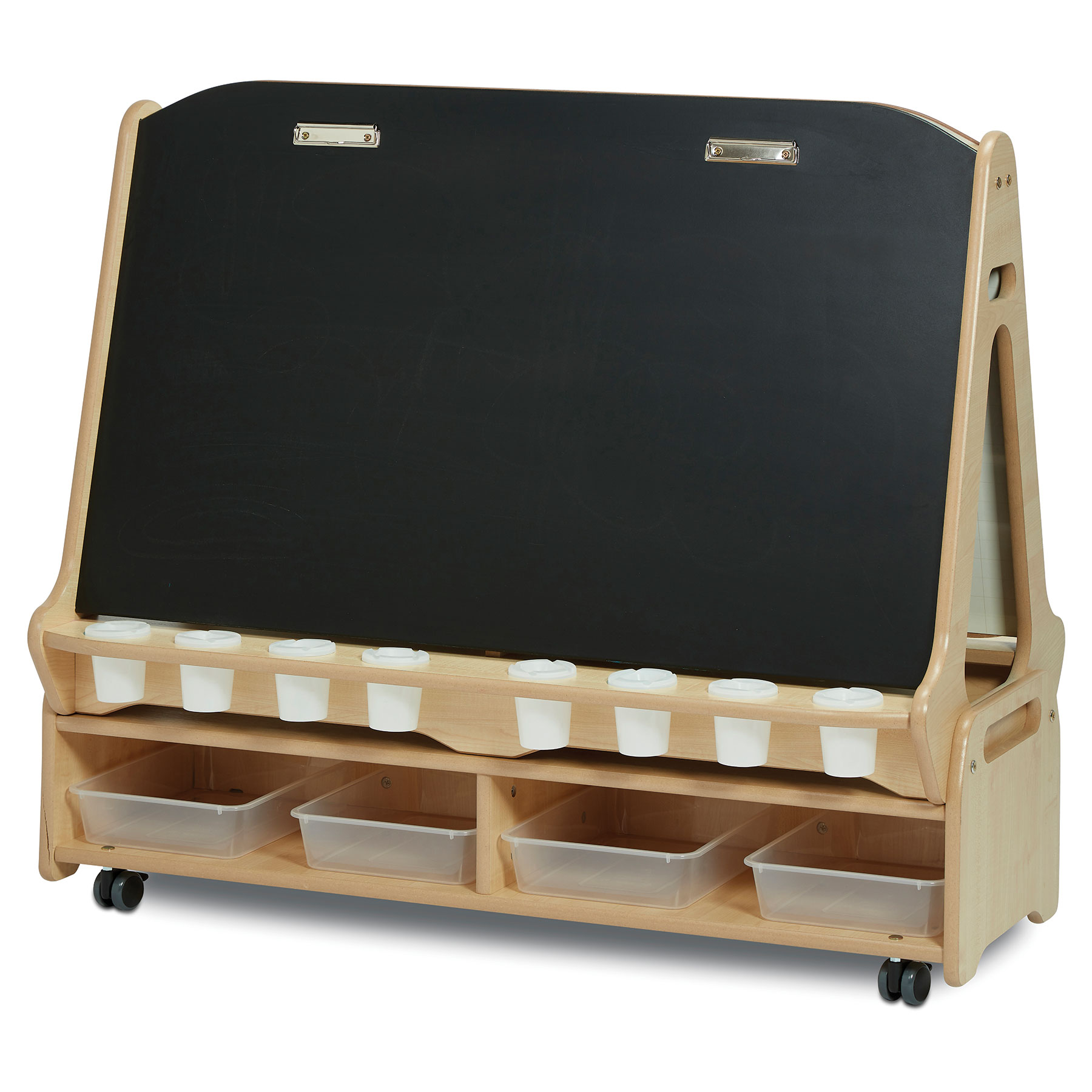 Double Sided 4 Station Chalk/Whiteboard Easel with Low Storage Trolley | theClassroom.co