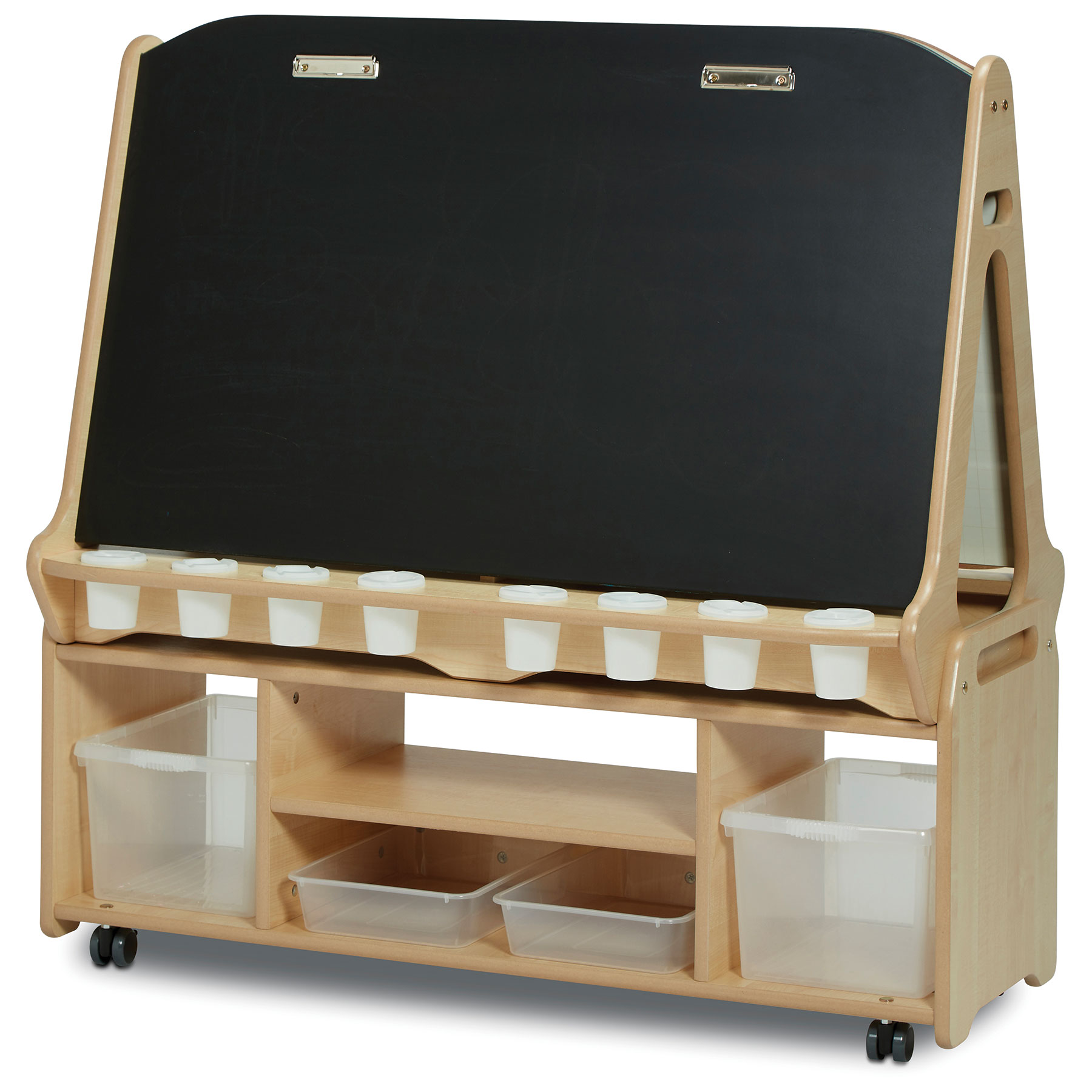 Double Sided 4 Station Chalk/Whiteboard Easel with Tall Easel Storage Trolley | theClassroom.co