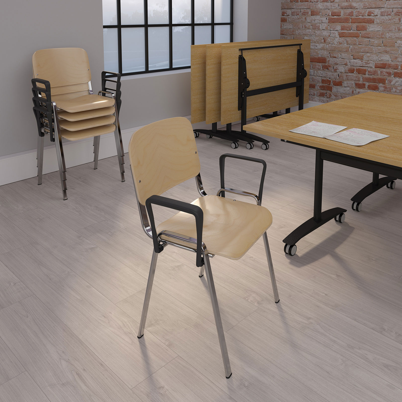 ISO Wooden Meeting Room Stackable Chair with Chrome Frame | theClassroom.co